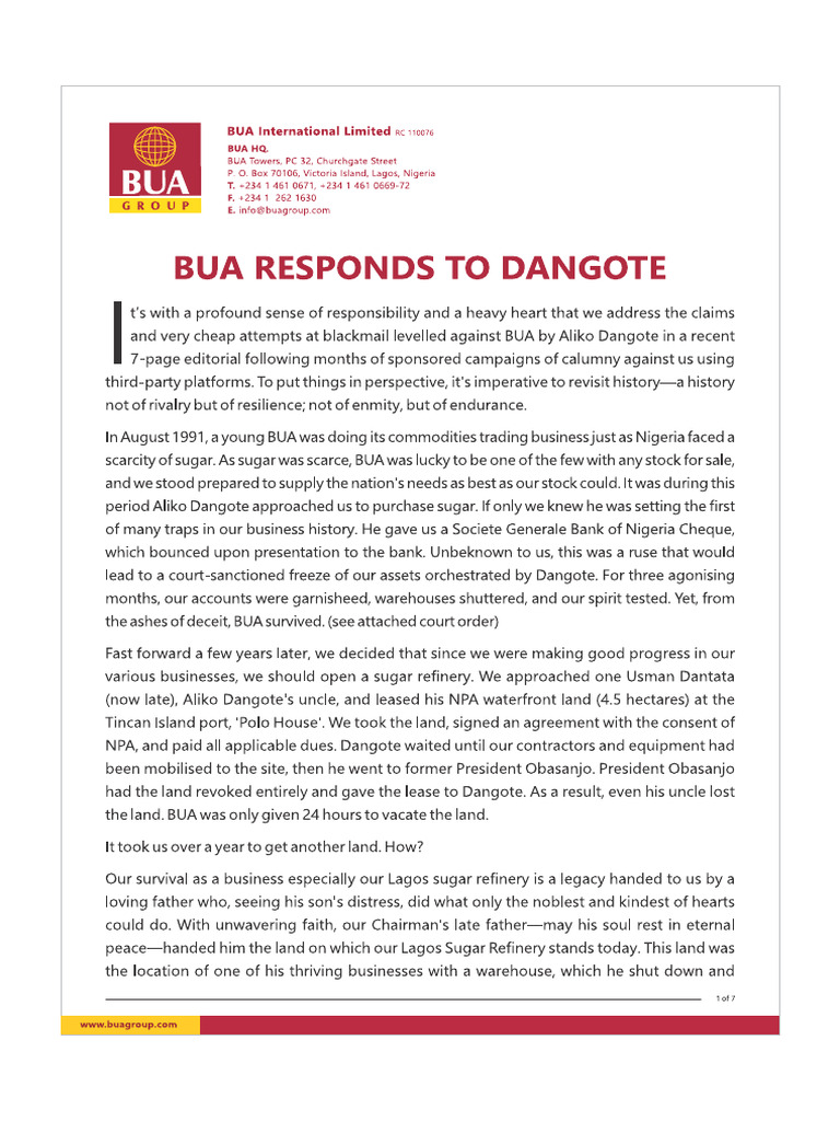 BUA Response To Dangote | PDF