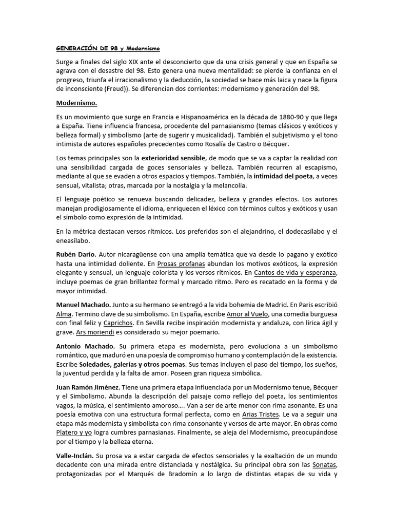 GeneraciÓn De 98 Y Modernismo Pdf Poesía Simbolismo Artes
