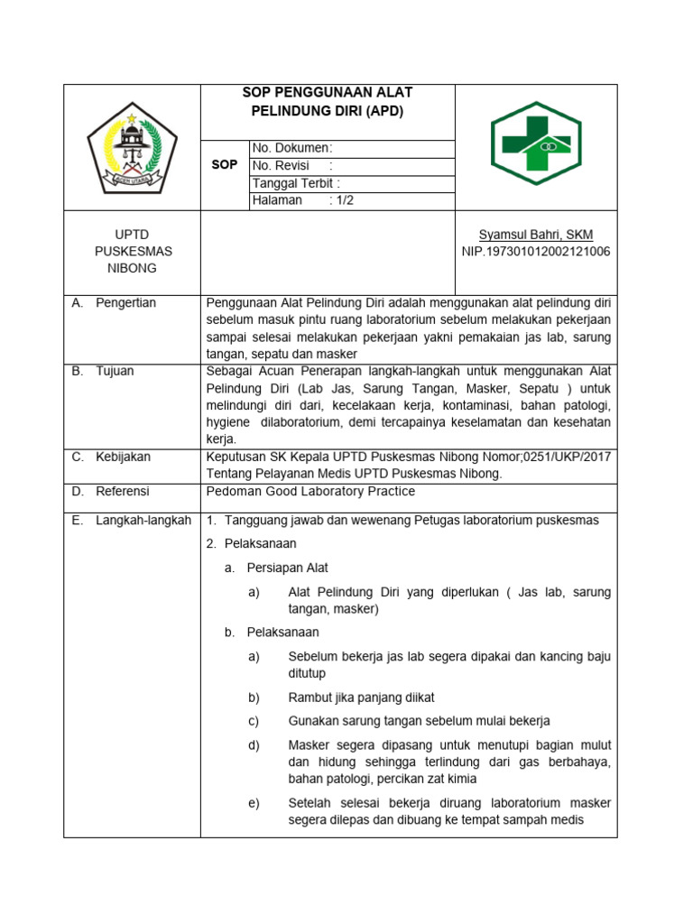 SOP APD - PENGGUNAAN ALAT PELINDUNG DIRI (APD) PETUGAS LAB 1 | PDF