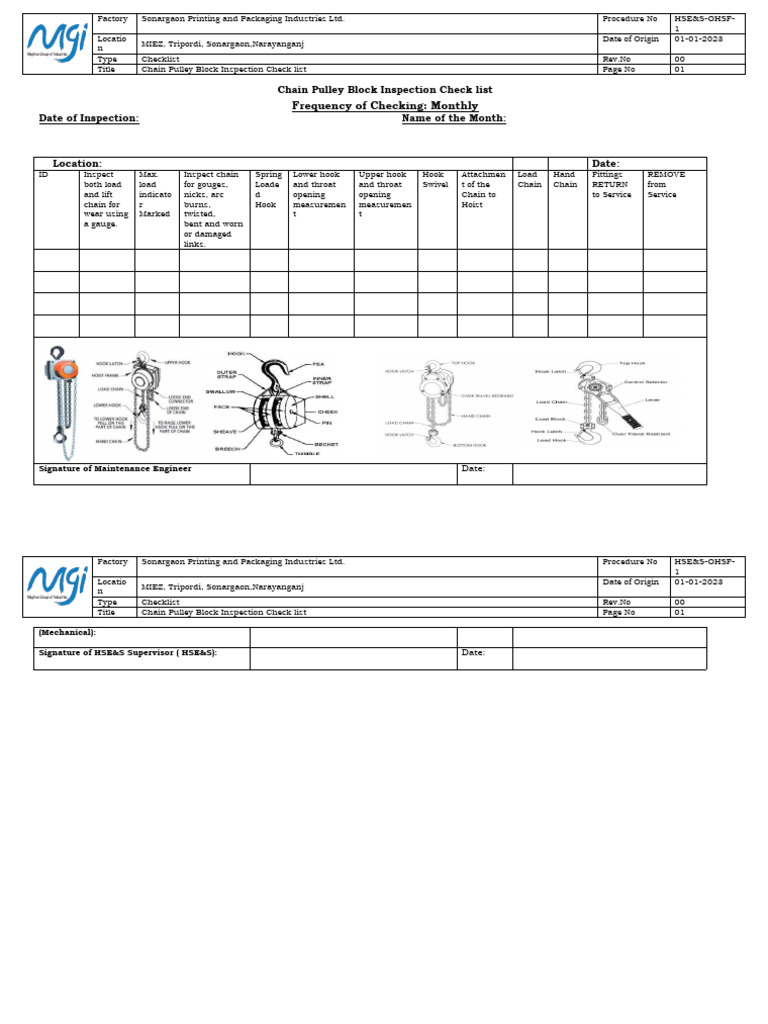 Work Organization - Chain Pulley Block Inspection Checklist-HSE&S-OHSF ...