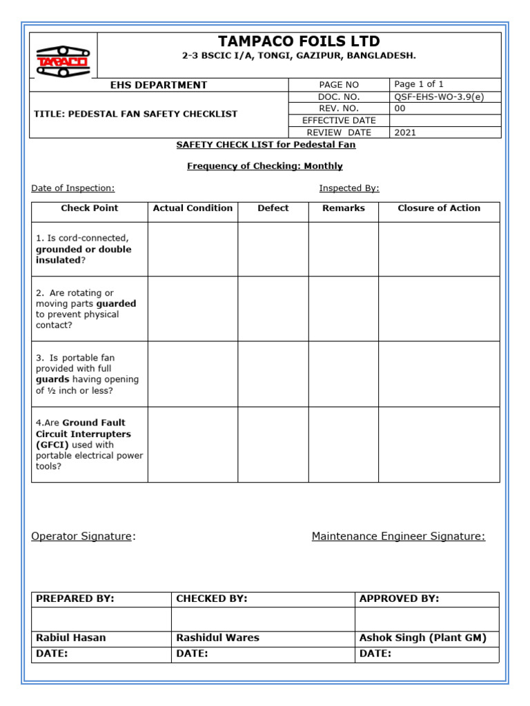 Work Organization - Pedestal Fan Safety Checklist - QSF-EHS-WO-3.9 (E ...