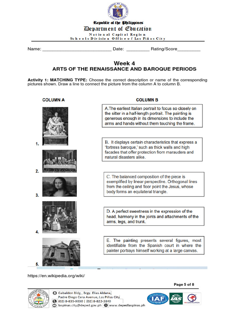 Grade 9 Renaissance & Baroque Art Worksheet | PDF | Baroque | Renaissance