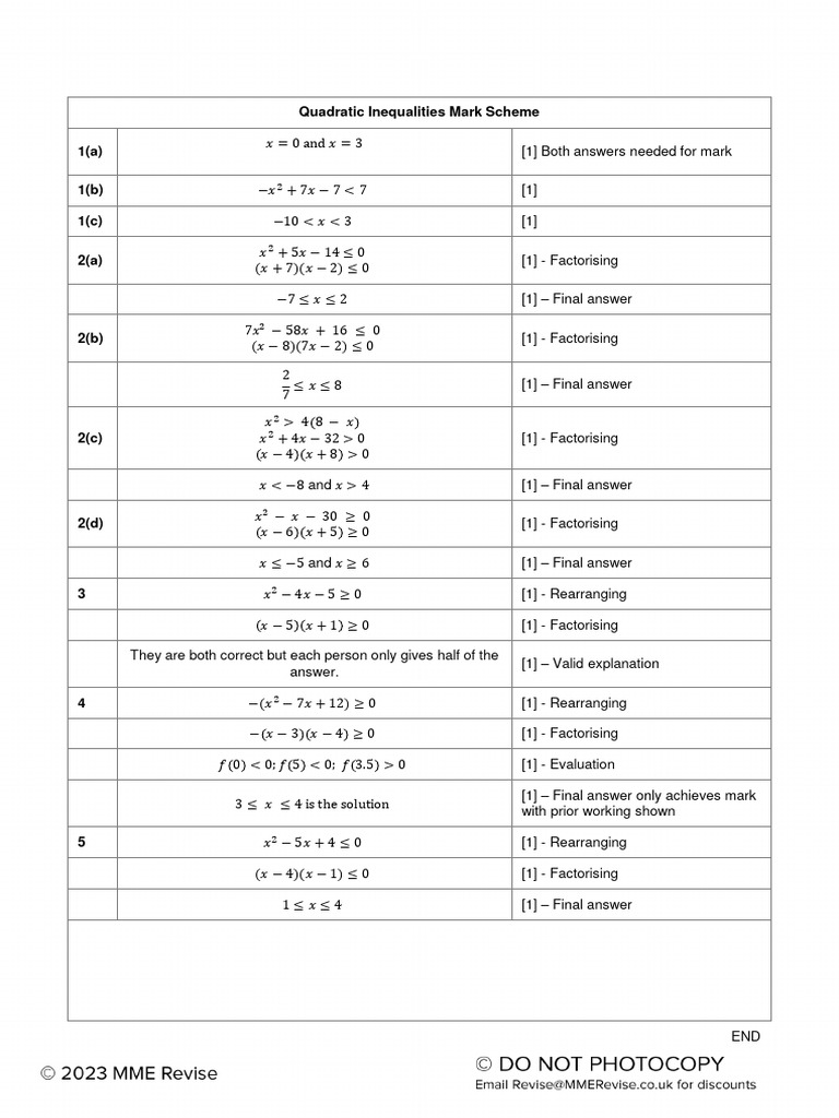 Quadratic Inequalities Alg Answers MME | PDF | Mathematics | Algebra