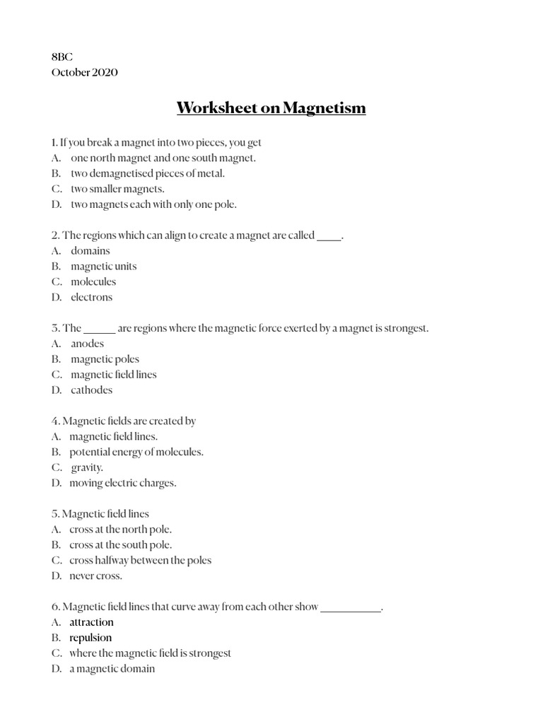 Magnetism Worksheet for Class 8 | PDF
