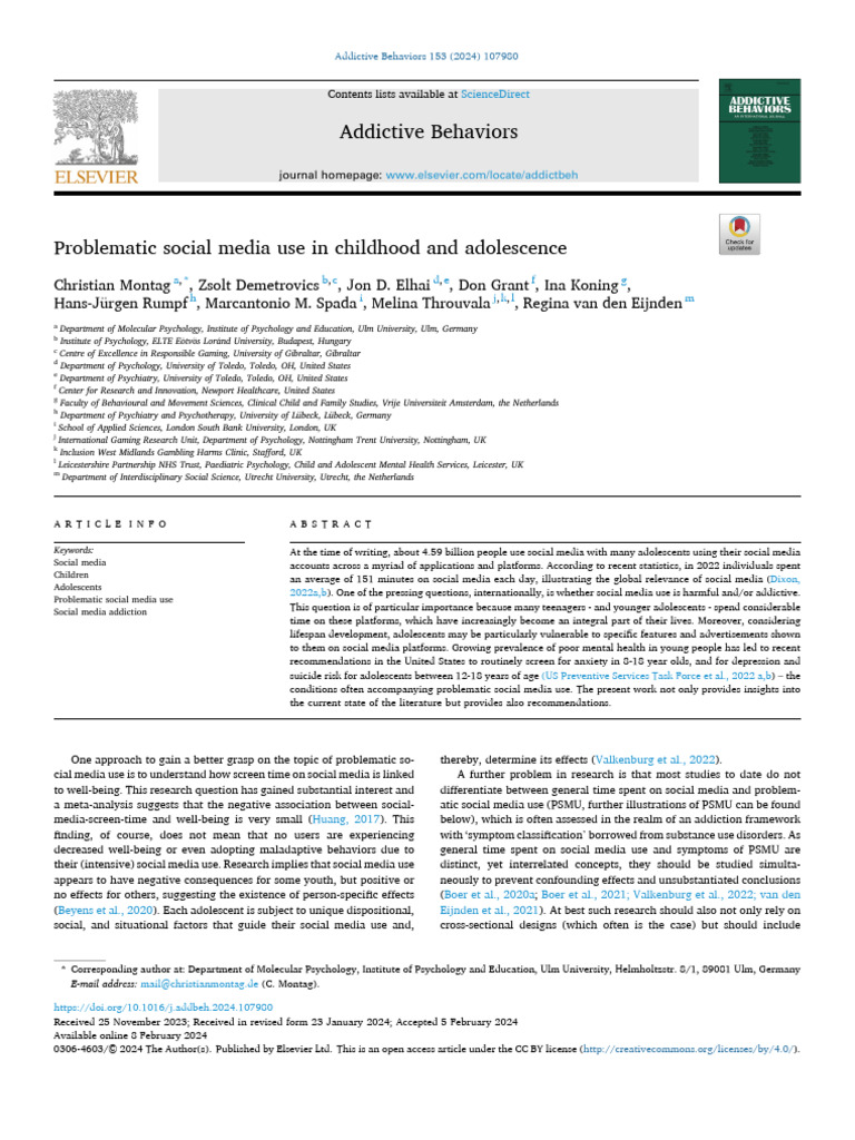 Problematic social media use in childhood and adolescence | PDF ...
