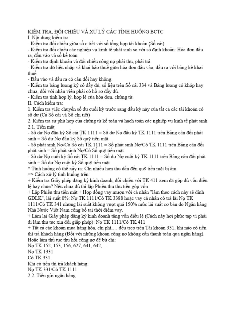 KIỂM TRA, ĐỐI CHIẾU VÀ XỬ LÝ CÁC TÌNH HUỐNG BCTC | PDF