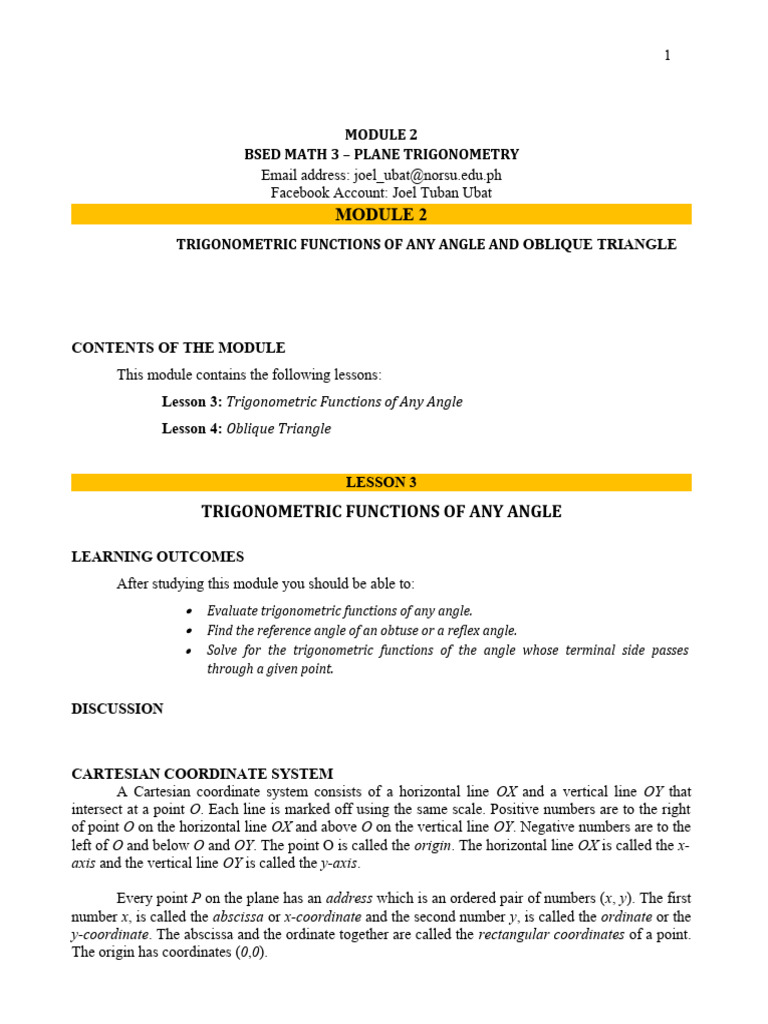 BSED MATH 3 Plane Trigo Module 2 1 | PDF | Triangle | Cartesian ...