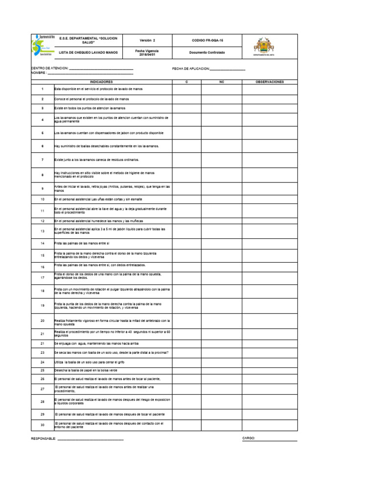 Fr-gqa-15 Lista Chequeo Lavado de Manos | PDF | Lavado de manos | Mano
