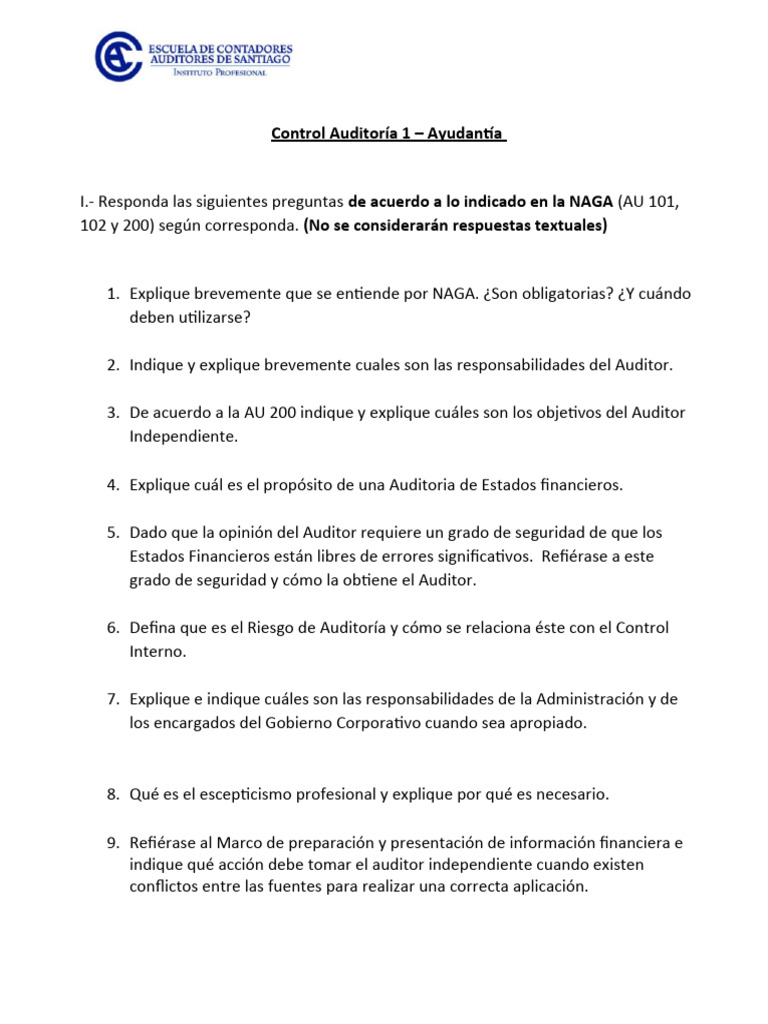Control Auditoría 1 - Ayudantía (Grupal) | PDF | Auditoría | Estado financiero