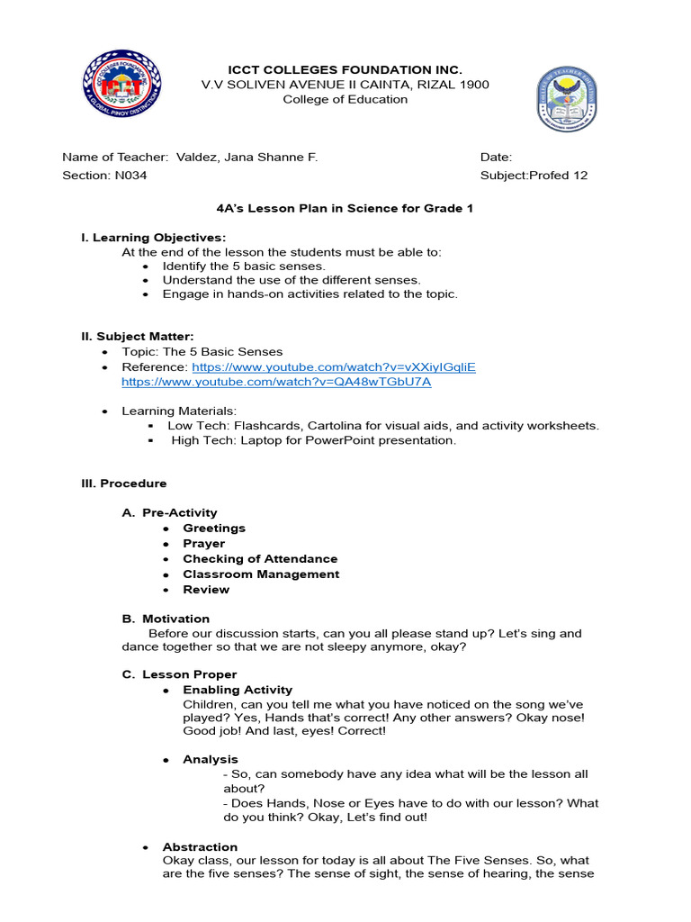 JANA LESSON PLAN SCIENCE | PDF | Senses | Lesson Plan
