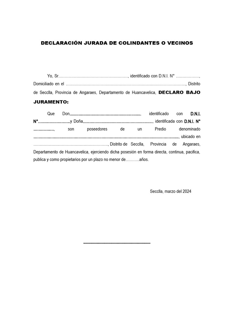 Declaracion Jurada de Colindantes o Vecinos | PDF Declaracion Jurada de Colindantes o Vecinos | PDF