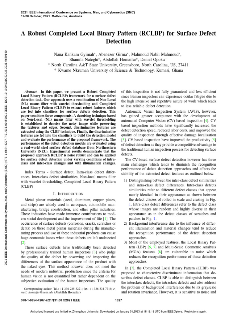 A Robust Completed Local Binary Pattern Rclbp For Surface Defect Detection Pdf Wavelet