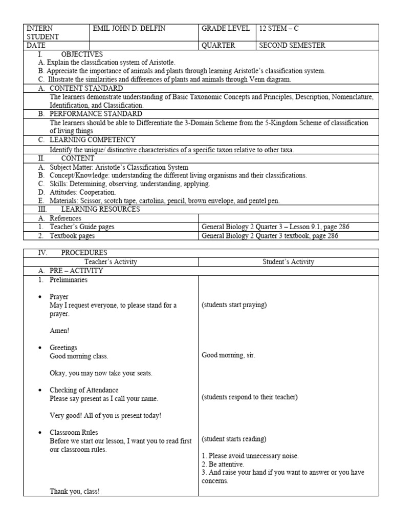 Lesson plan 2 - Copy | PDF | Taxonomy (Biology) | Aristotle