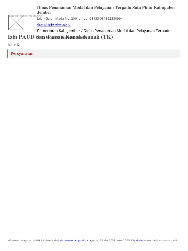 Unduh Standar Pelayanan - Izin PAUD Dan Taman Kanak Kanak (TK) | PDF