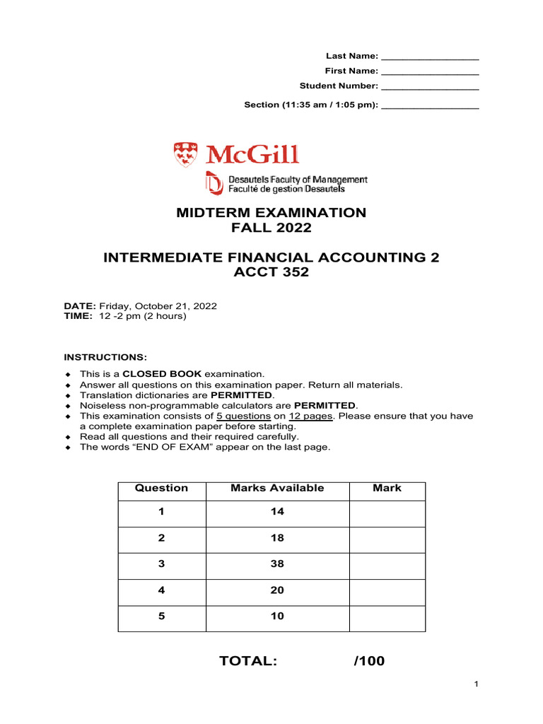 ACCT 352 Fall 2022 Midterm Blank | PDF | Stocks | Bonds (Finance)