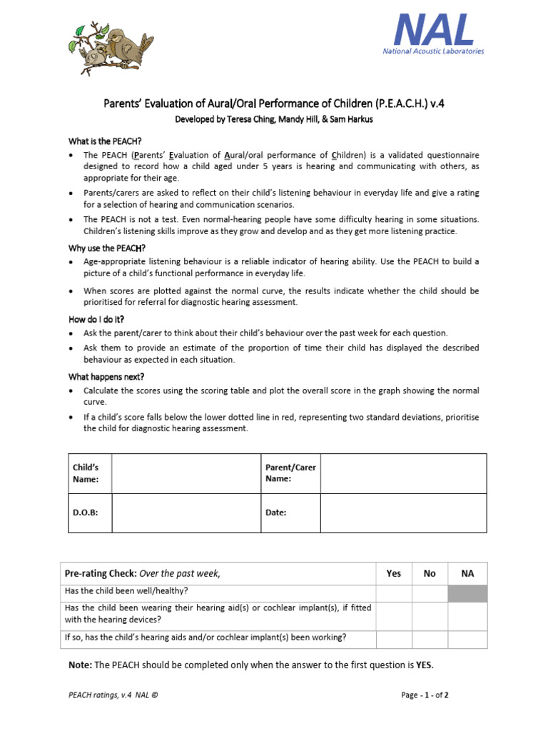 Parents Evaluation of Aural Performance of Children (PEACH) v.4 | PDF | Hearing Aid | Caregiver