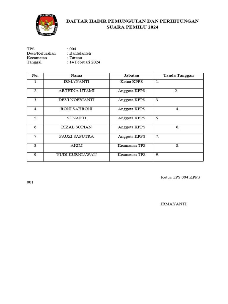 SPJ KPPS 04 (Daftar Hadir Dan Dokumentasi) | PDF