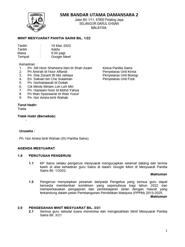 Minit Mesyuarat Panitia Sains 1 2022 | PDF