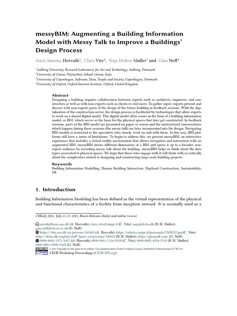 messyBIM CHItaly2021 CEUR WS Format | PDF | Building Information Modeling | Virtual Reality