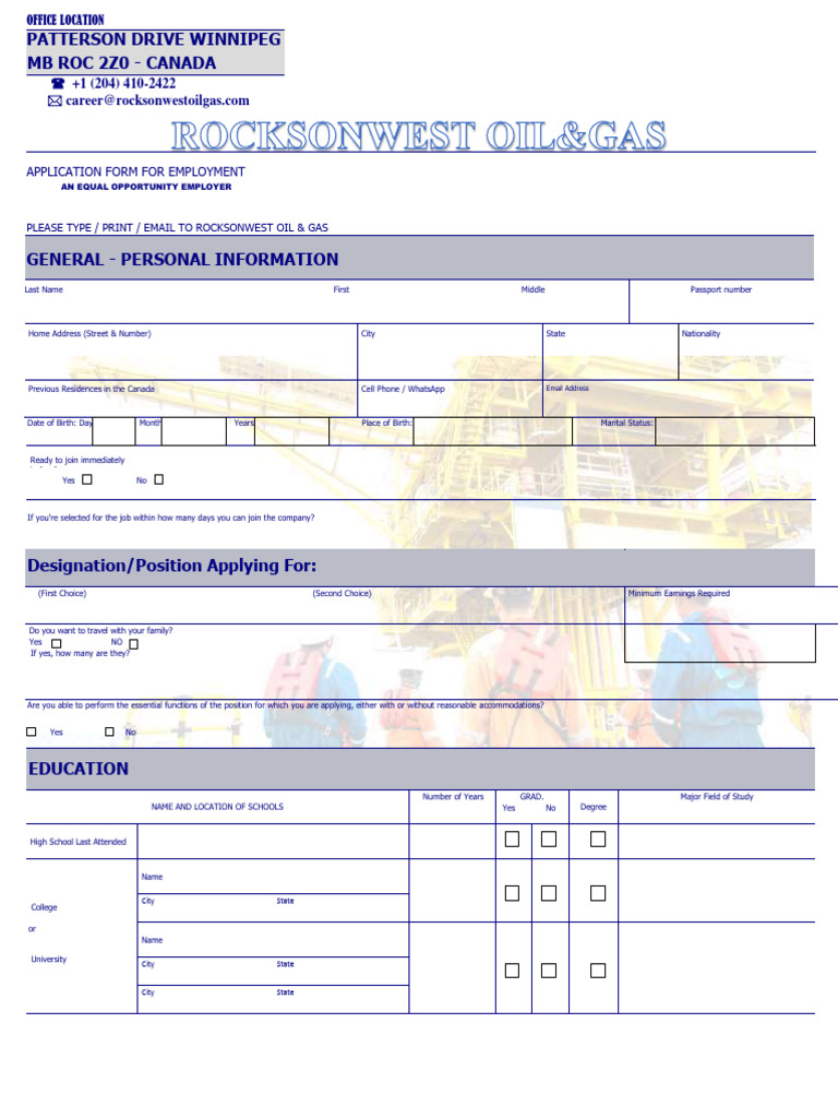 Job Application Form Rocksonwest Oil&gas Canada | PDF | Employment ...