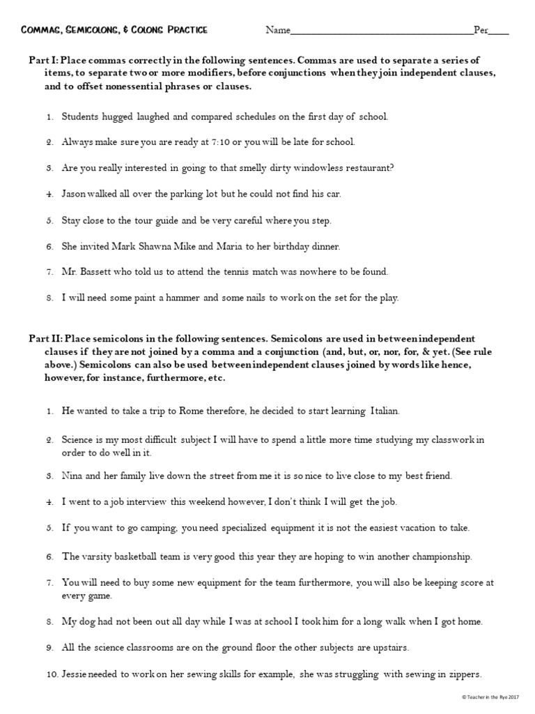 Semicolons Commas Worksheet | Download Free PDF | Comma | Linguistics