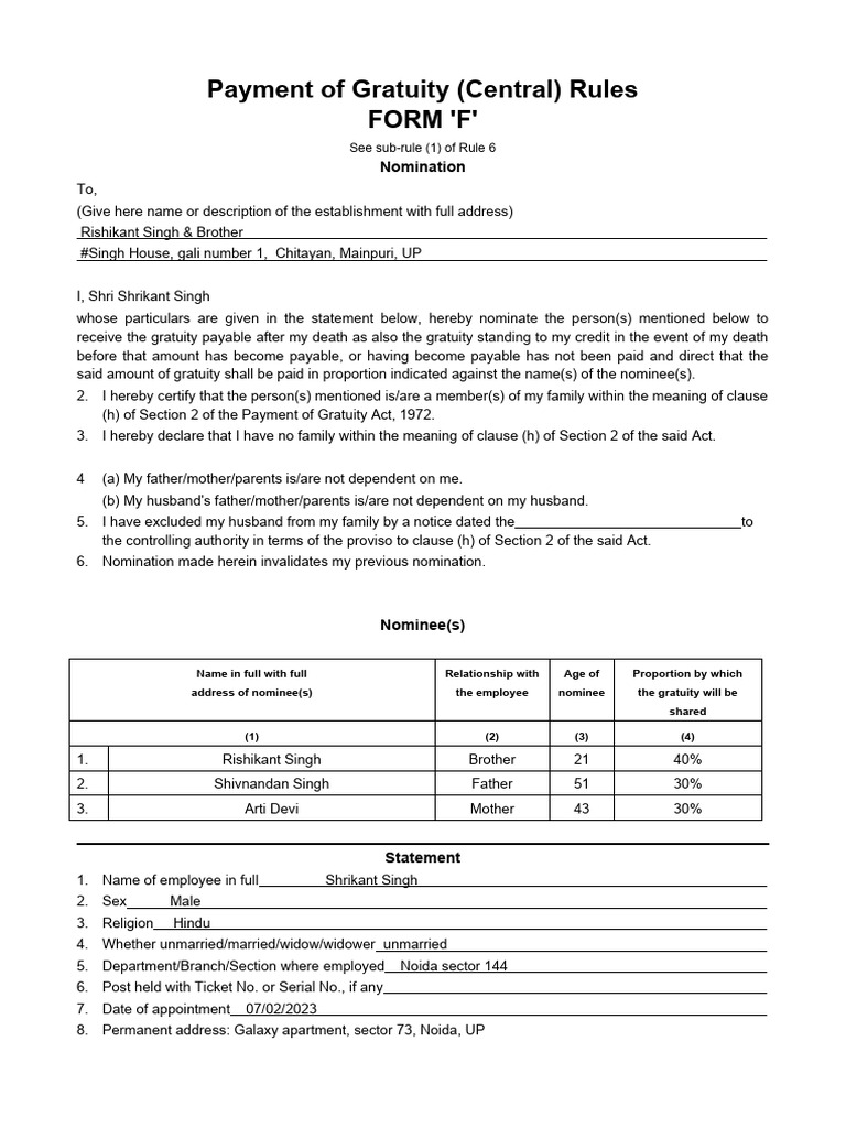 Form F Nomination-Gratuity | PDF | Justice | Crime & Violence