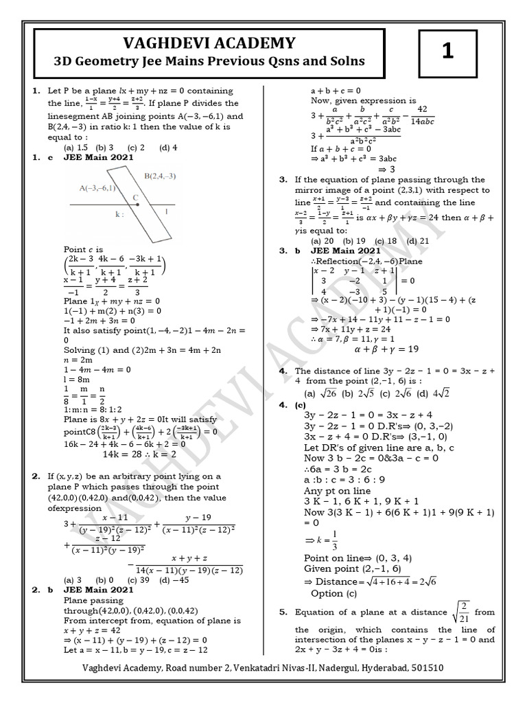 Jee Mains 3D Geometry Assignment-1 Qsns and Solns | PDF | Line (Geometry) | Mathematical Concepts