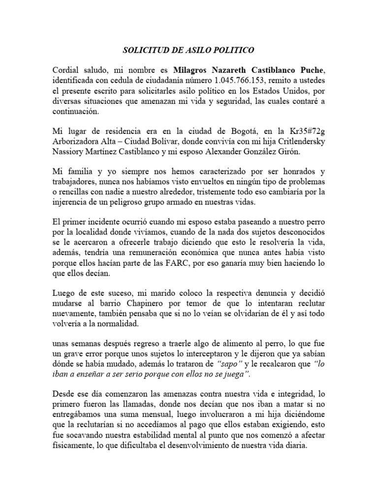 SOLICITUD DE ASILO POLITICO - Milagros Castiblanco | PDF