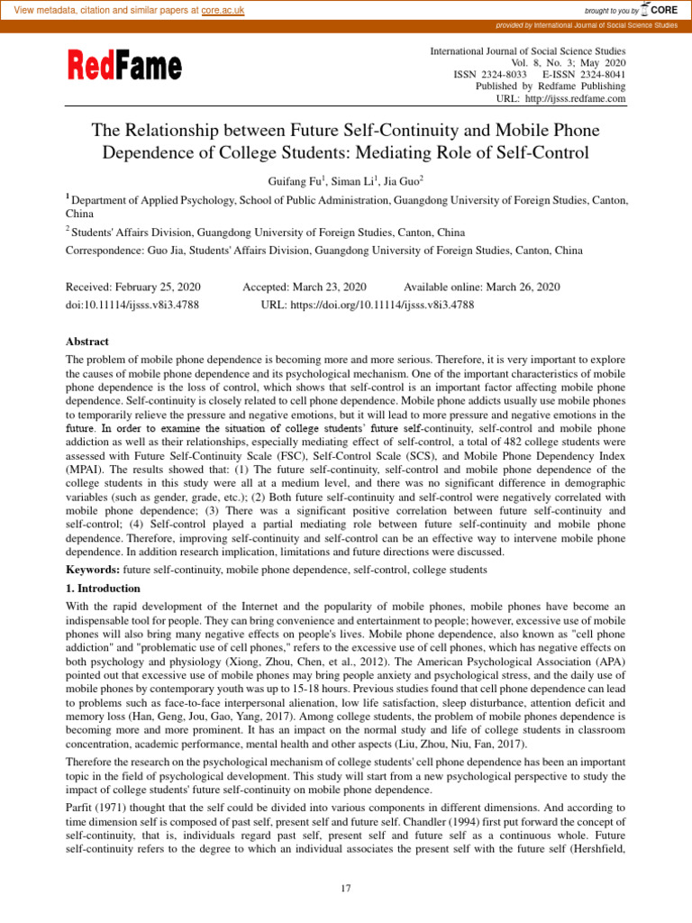 The Relationship Between Future Self-Continuity and Mobile Phone Dependence of College Students ...