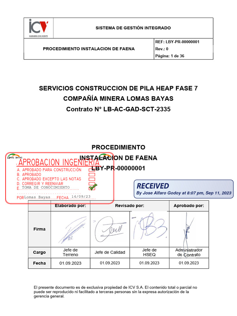 LBY-PR-00000001 - 0 Procedimiento Instalación de Faena | PDF