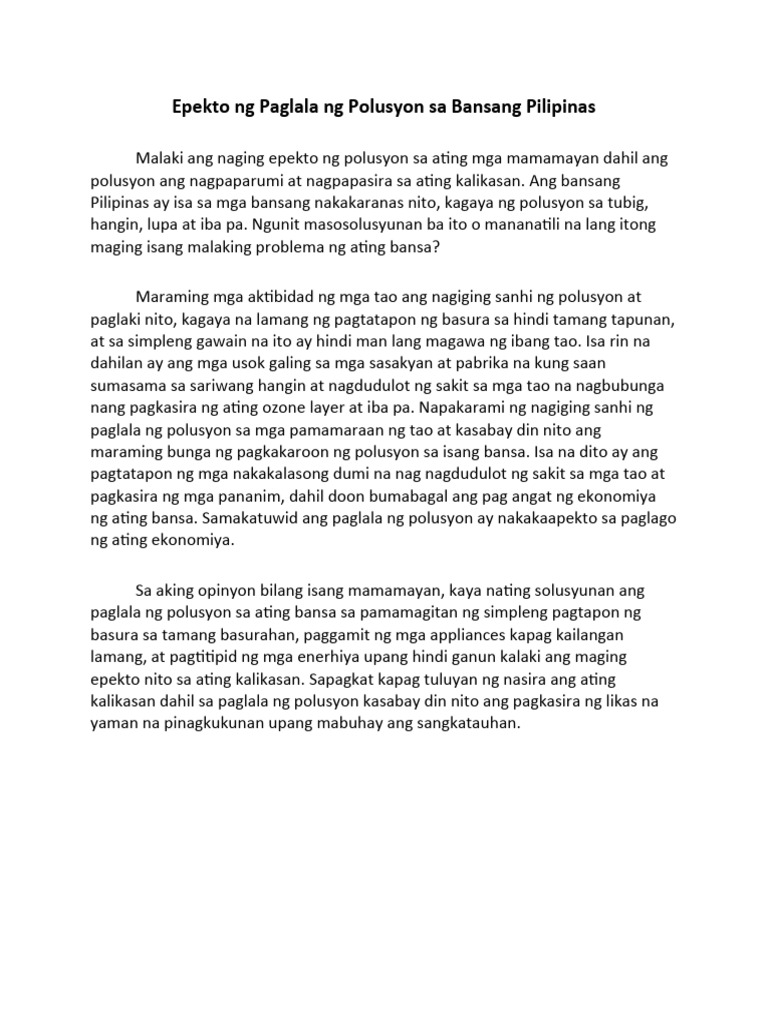 Epekto NG Paglala NG Polusyon Sa Bansang Pilipinas Project | PDF Epekto NG Paglala NG Polusyon Sa Bansang Pilipinas Project | PDF
