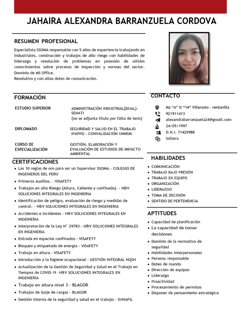 CV PDR - Barranzuela Cordova Jahaira Alexandra CV 2022 | PDF | Business