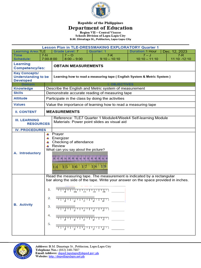 TLE Dressmaking Lesson Plan: Measurements | PDF | Learning | Behavior ...