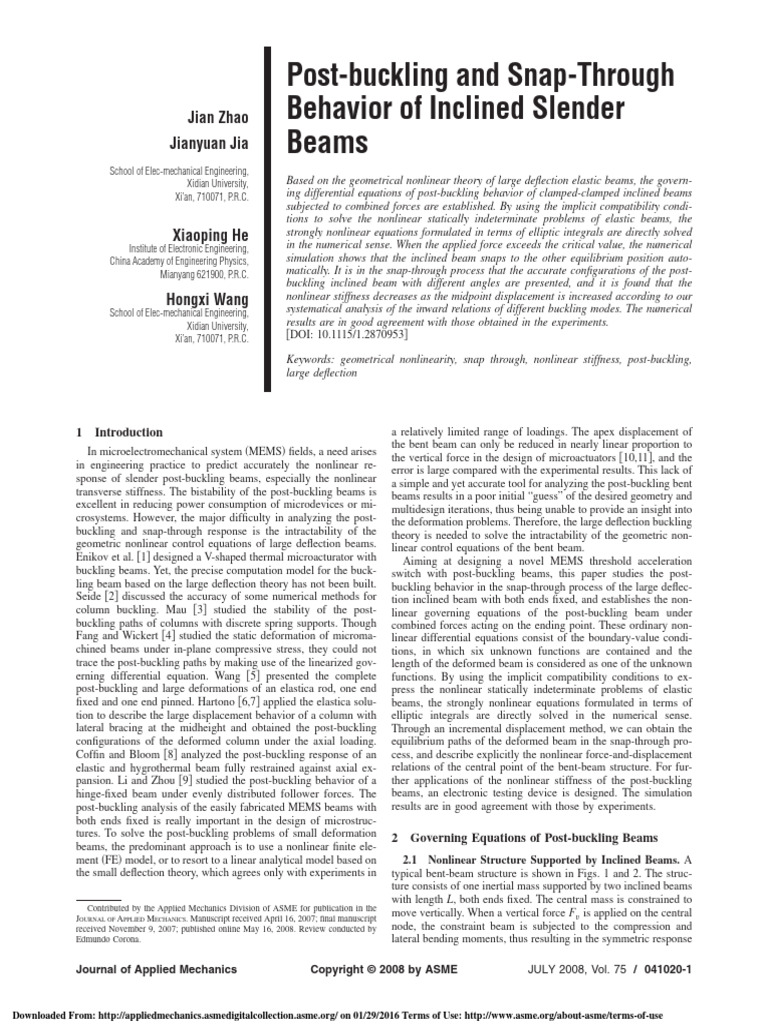 Post-buckling and Snap-Through Behavior of Inclined Slender Beams | PDF | Buckling | Beam ...