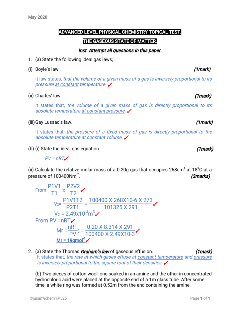 Advanced Level Physical Chemistry Topical Test | PDF