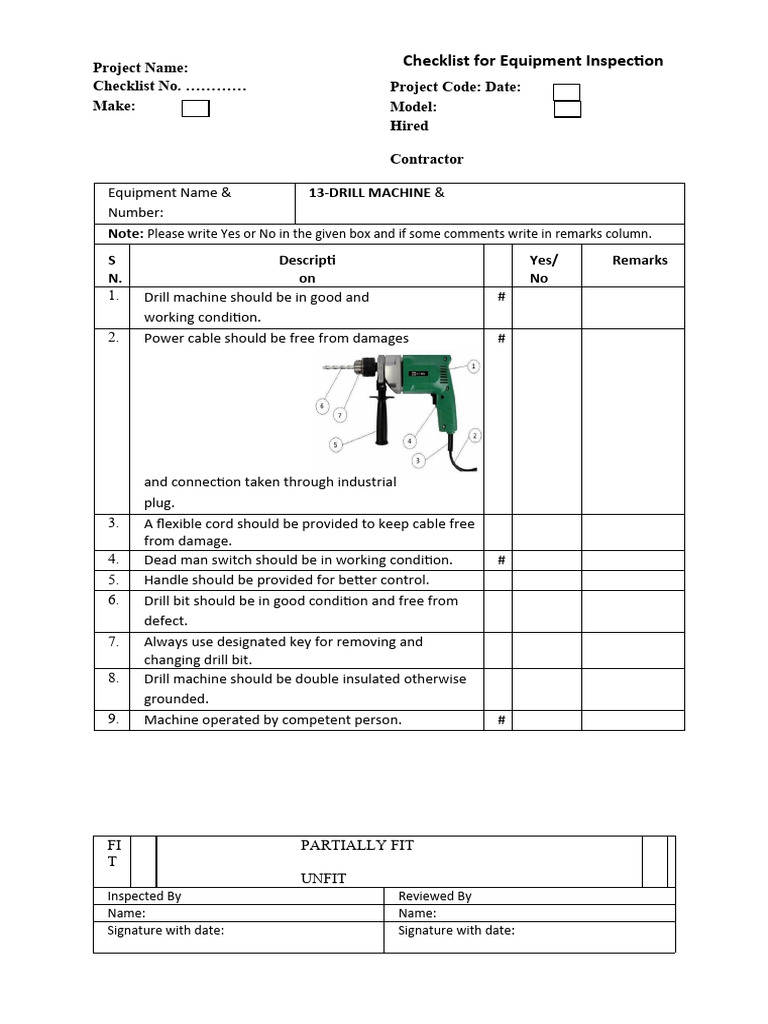Checklist For Equipment Inspection Drill Machine | PDF
