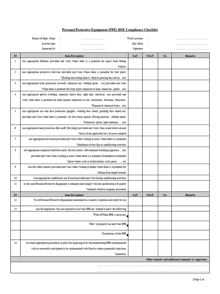 Personal Protective Equipment Compliance Checklist | PDF | Personal ...