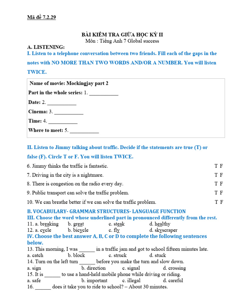 Đề Kiểm Tra Giữa Kì II Anh 7 - Hs | PDF