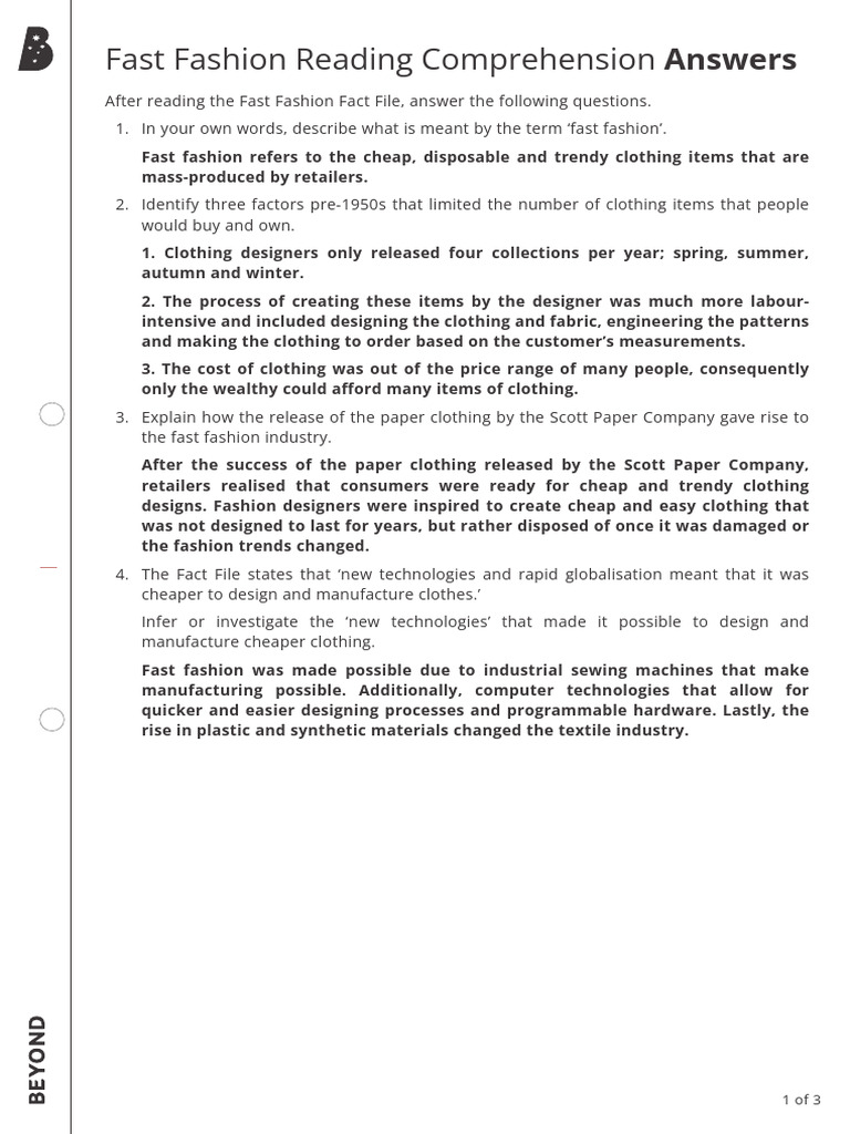 Reading Comprehension - Answers | PDF | Clothing | Sweatshop