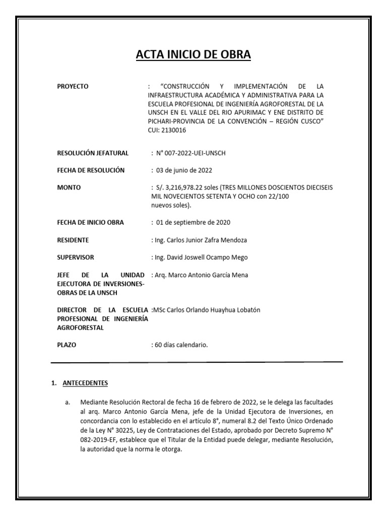 Acta Inicio de Obra | PDF