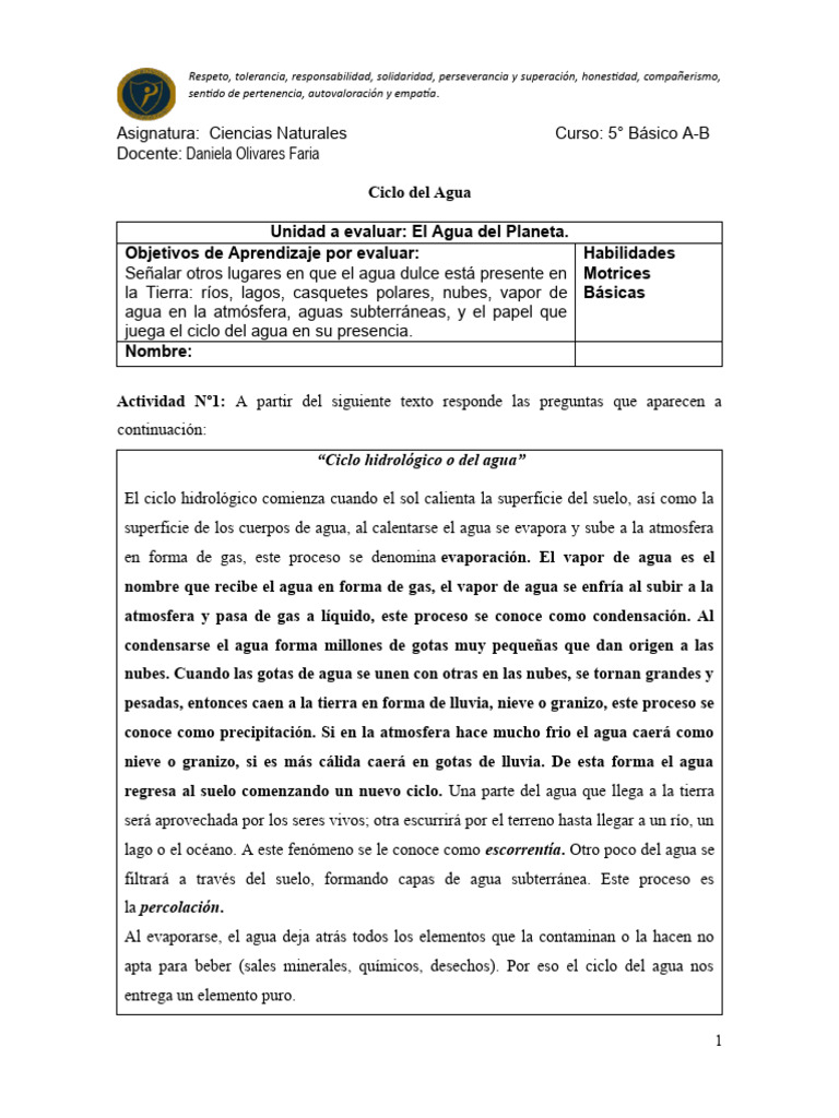 Comprensión Lectora Ciclo Del Agua | PDF | Agua | El ciclo del agua