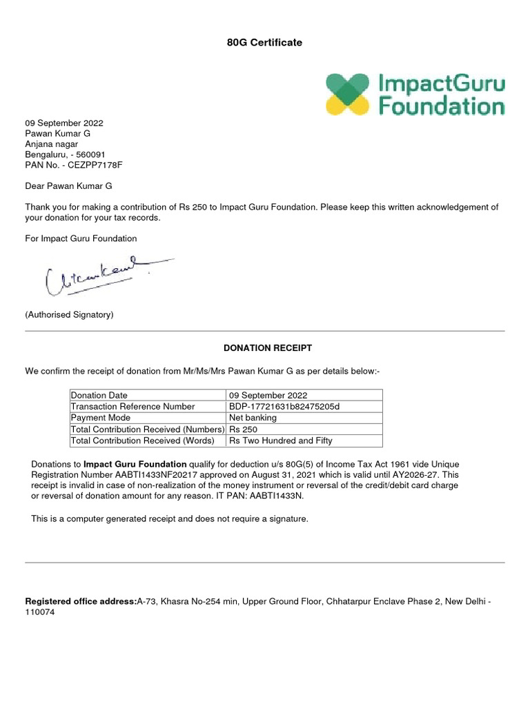 80G Certificate: Donation Receipt | PDF
