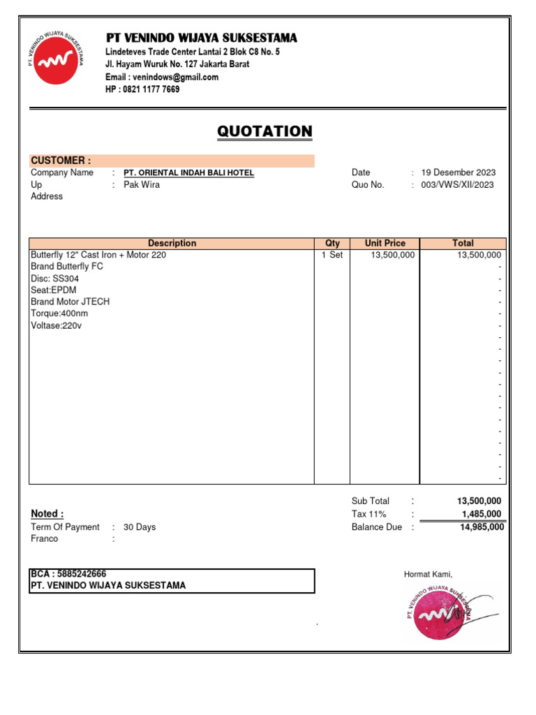 Quotation PT. ORIENTAL INDAH BALI HOTEL | PDF