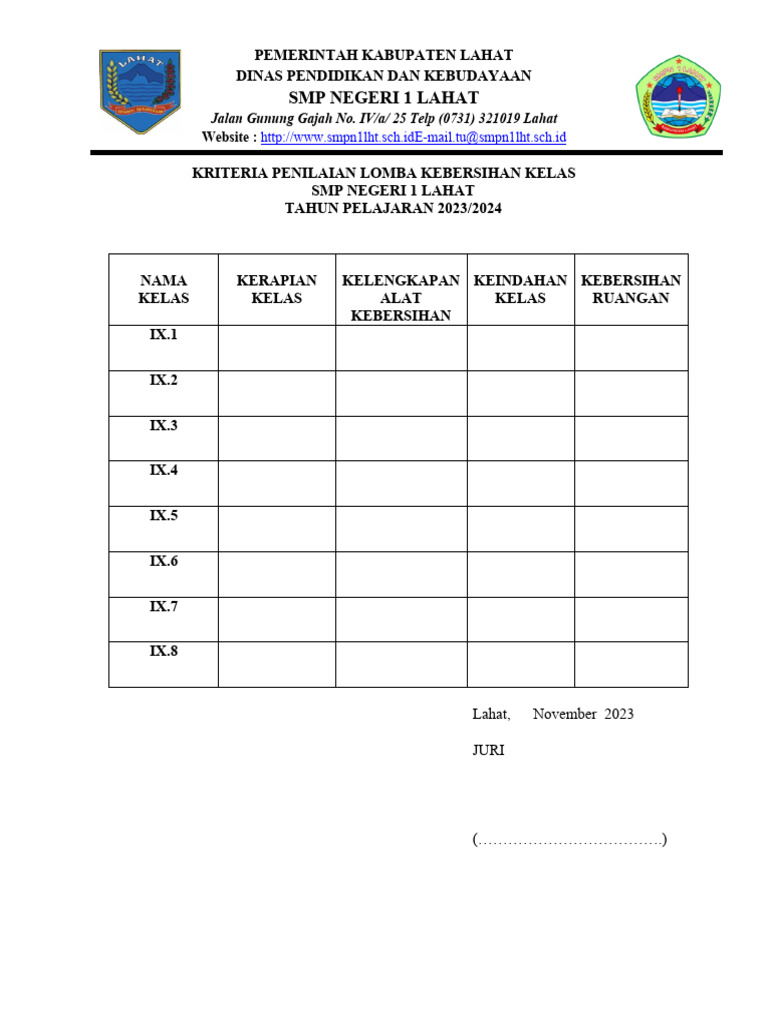 KRITERIA PENILAIAN LOMBA KEBERSIHAN KELAS | PDF KRITERIA PENILAIAN LOMBA KEBERSIHAN KELAS | PDF