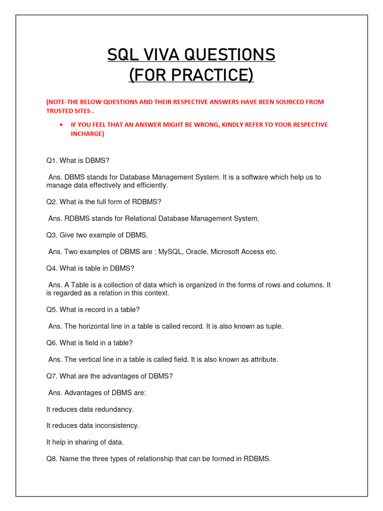 SQL Viva Questions | PDF | Relational Database | Databases
