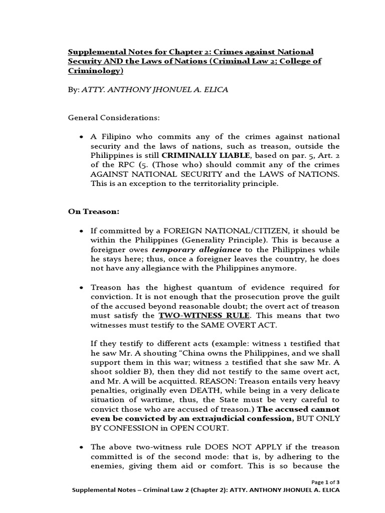 Supplemental Notes For Chapter 2 (Criminal Law 2) | PDF | Treason | Piracy Supplemental Notes For Chapter 2 (Criminal Law 2) | PDF | Treason | Piracy