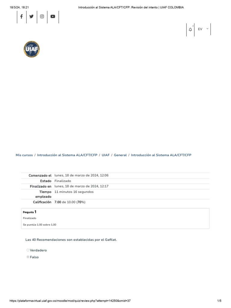 Introducción Al Sistema ALA - CFT - CFP - Revisión Del Intento - UIAF COLOMBIA9 | PDF