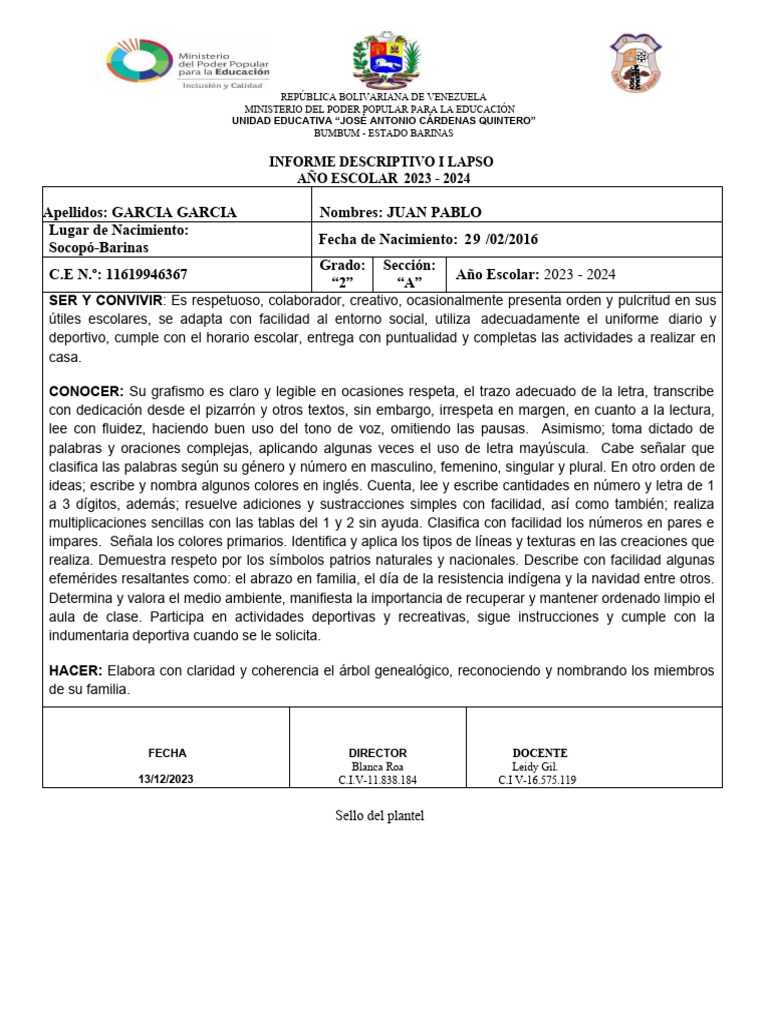 boletin descriptivo 1er listo | PDF | Salón de clases | Venezuela