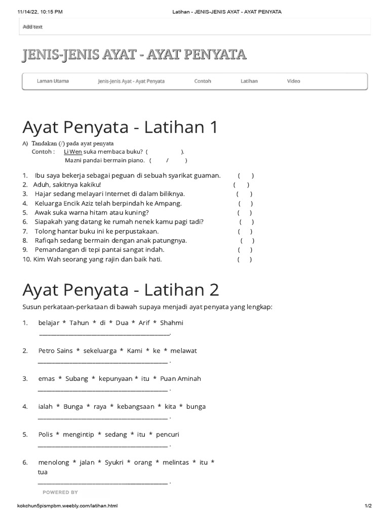 Latihan - JENIS-JENIS AYAT - AYAT PENYATA | PDF