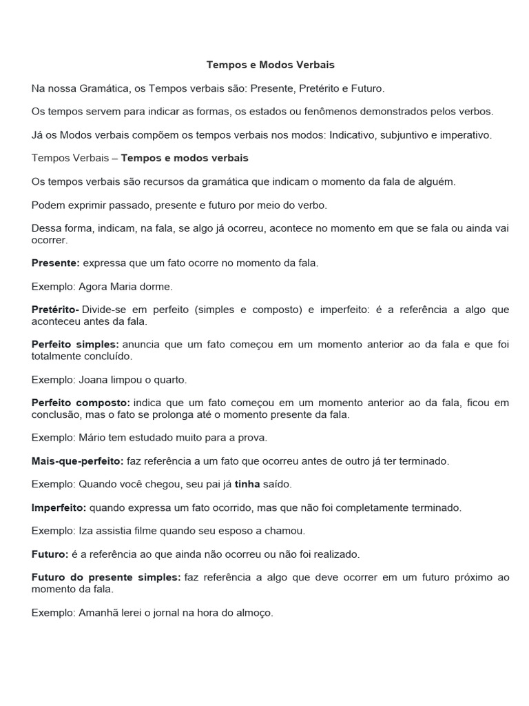 Tempos e Modos Verbais - Resumo | PDF | Relações sintáticas | Linguística